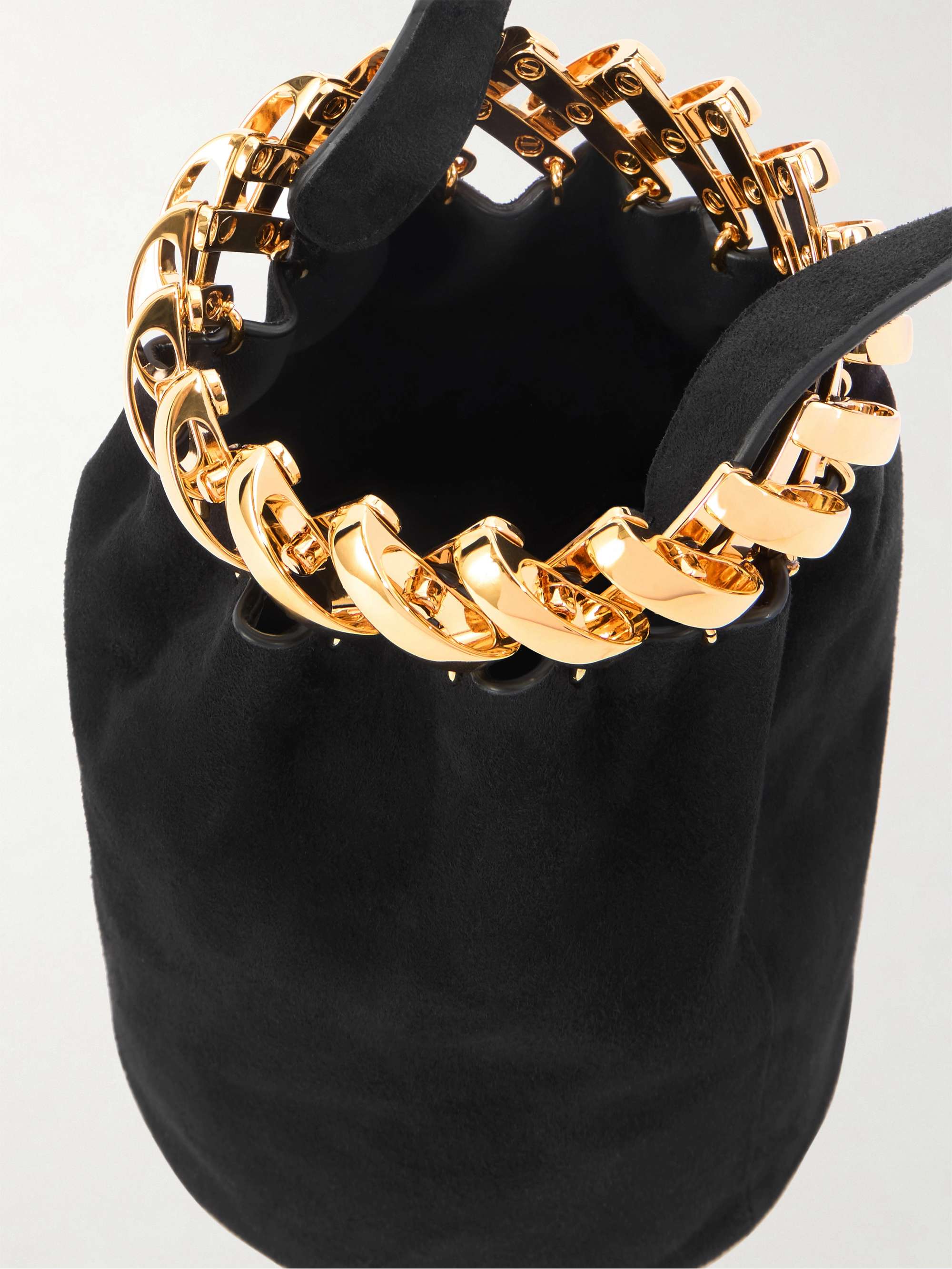 ALAÏA Leather and gold-tone trimmed suede bucket bag | NET-A-PORTER