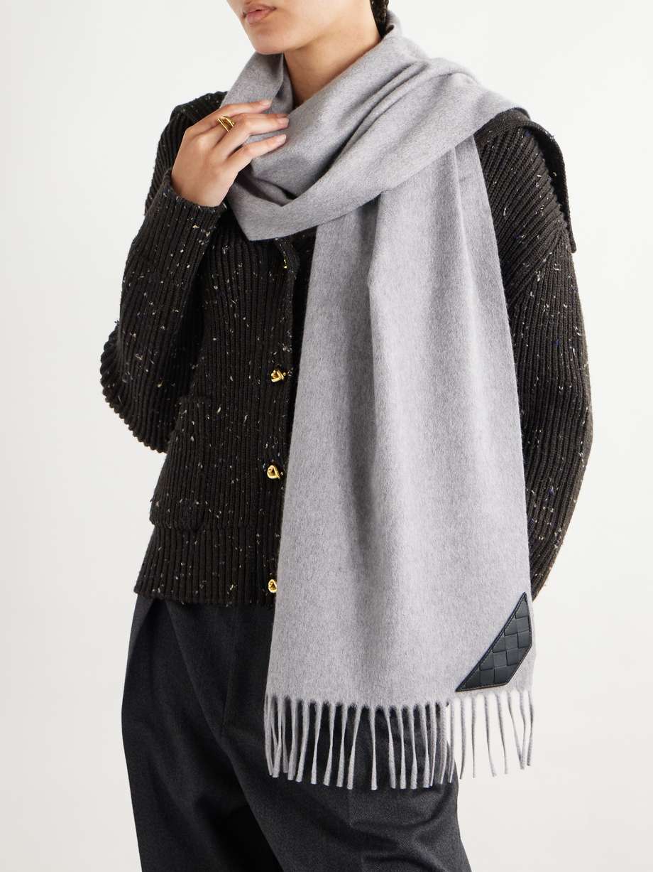 BOTTEGA VENETA Intrecciato leather-trimmed fringed cashmere scarf | NET ...