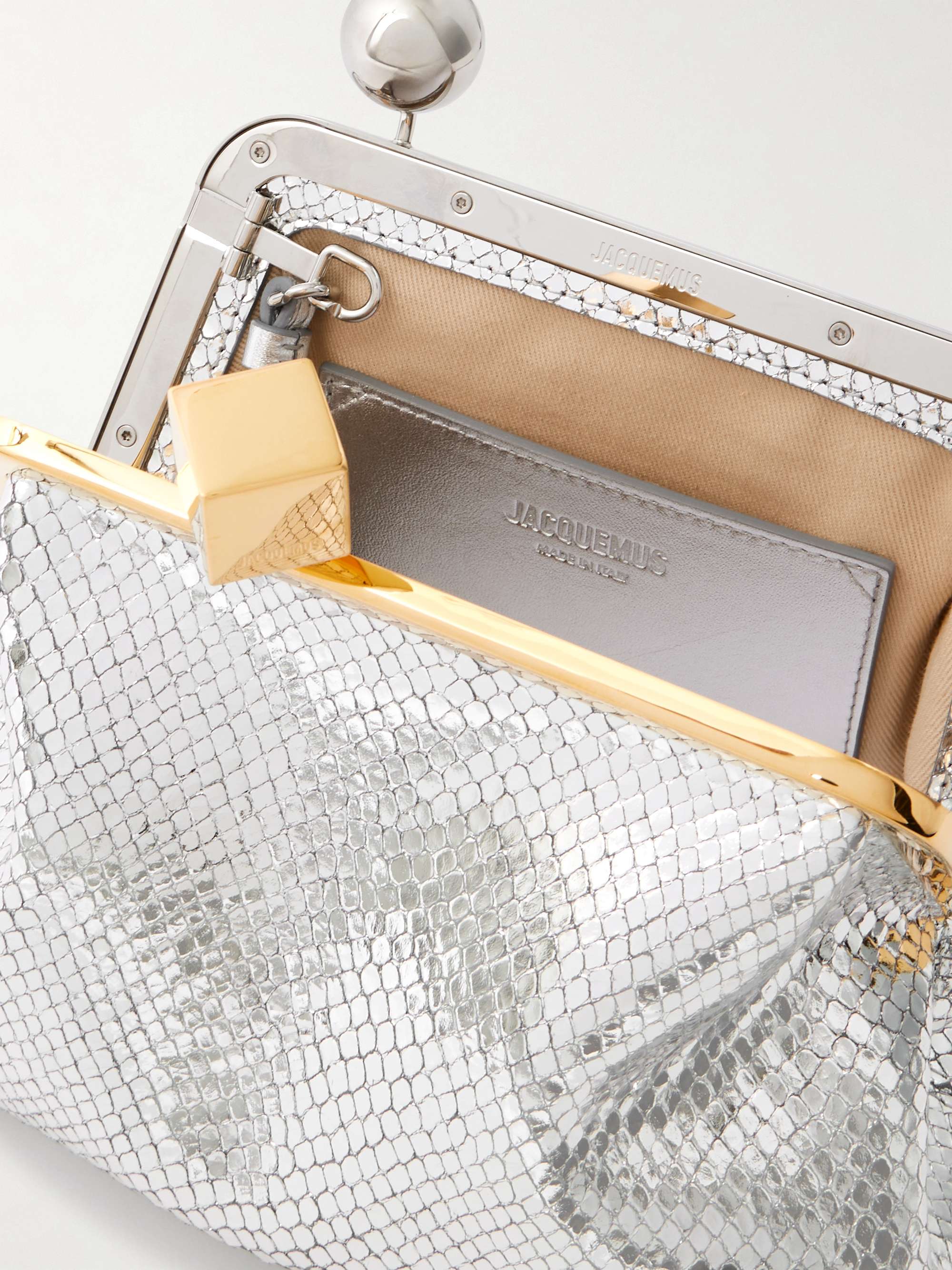 JACQUEMUS Le Berlingot embellished metallic snake-effect leather clutch ...