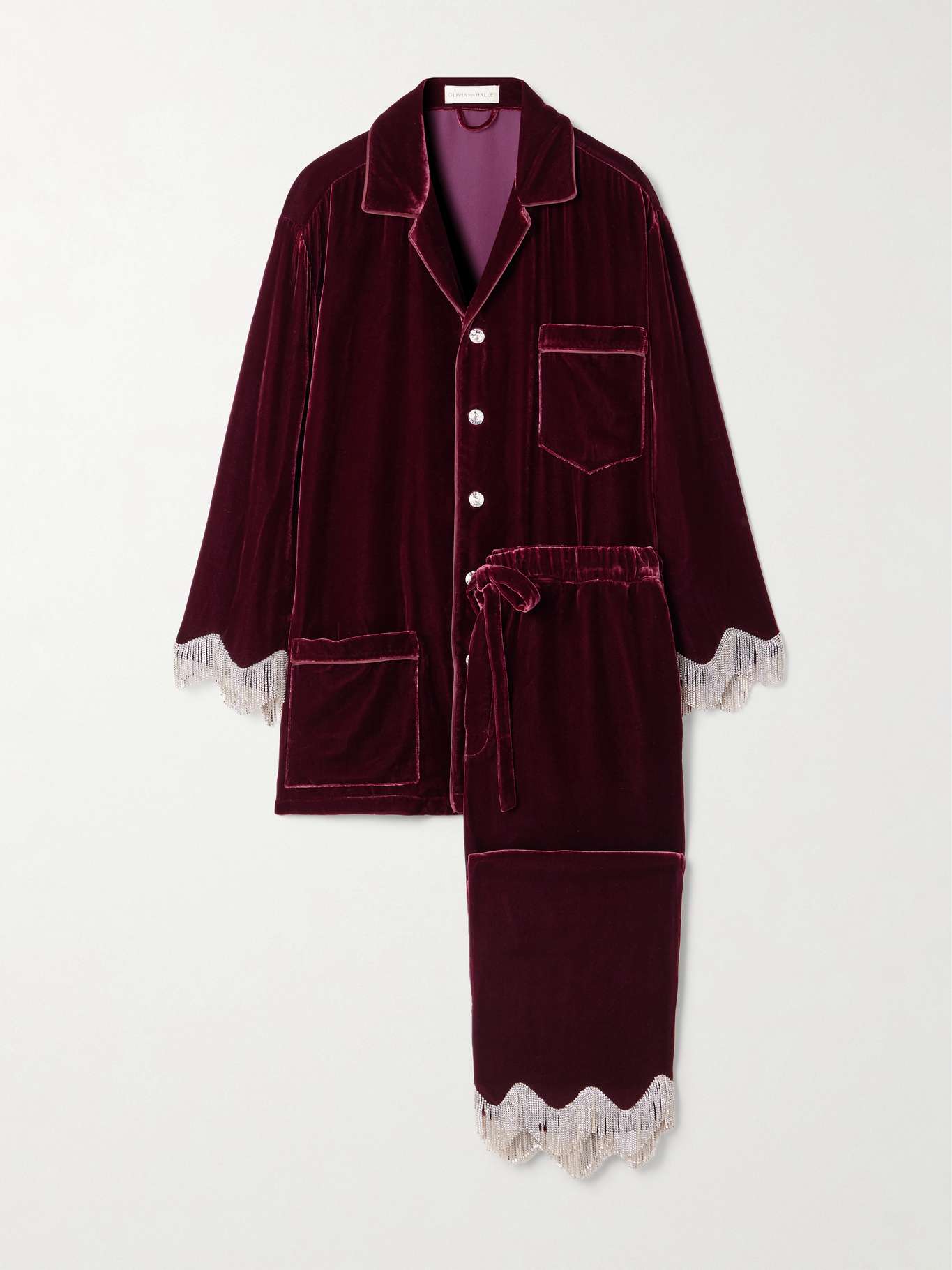 OLIVIA VON HALLE Fifi fringed crystal-embellished velvet pajama set ...