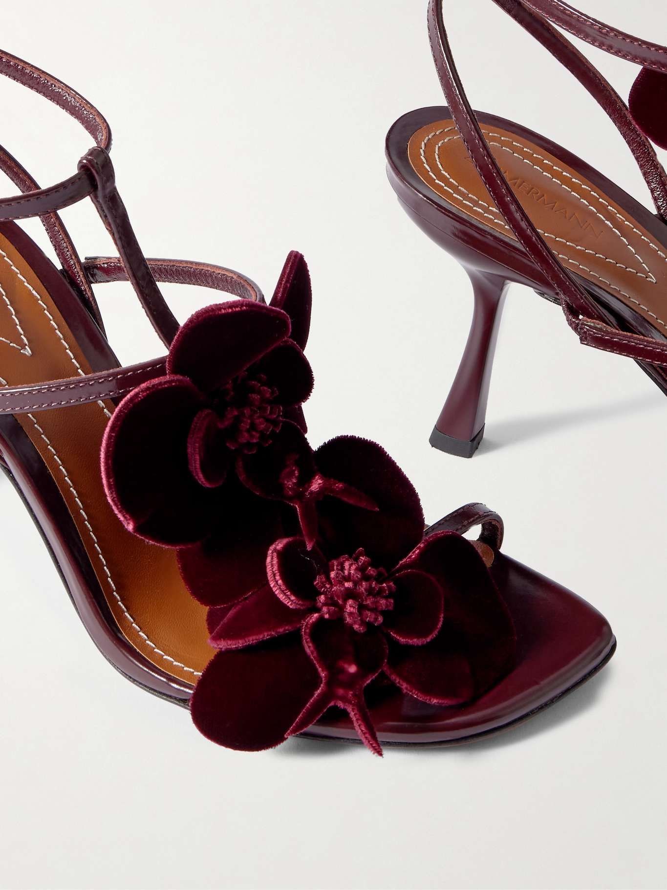 ZIMMERMANN Orchid appliquéd velvet-trimmed glossed-leather sandals ...