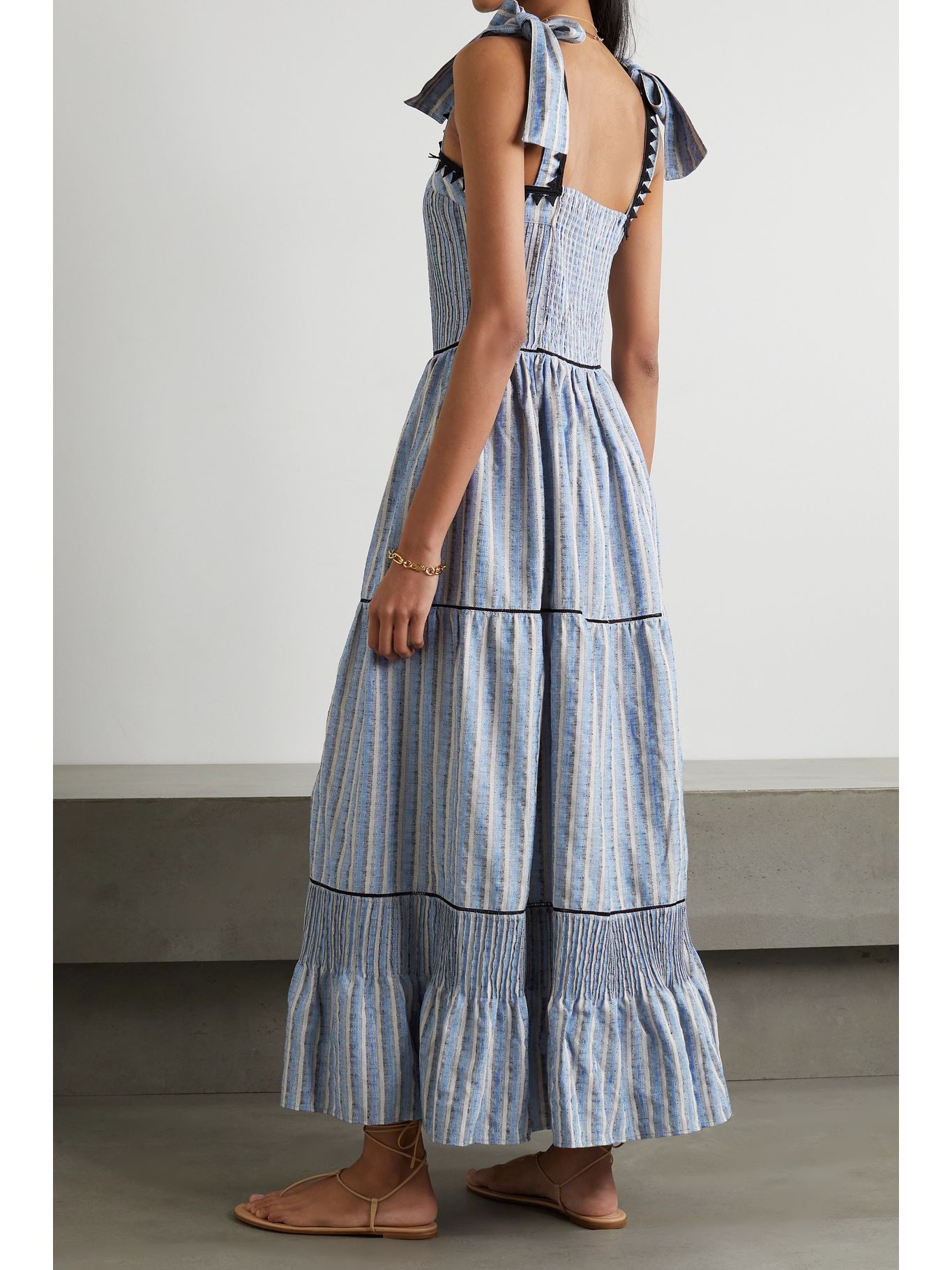 Blue Ornella bow-detailed tiered striped jacquard maxi dress | LUG VON ...