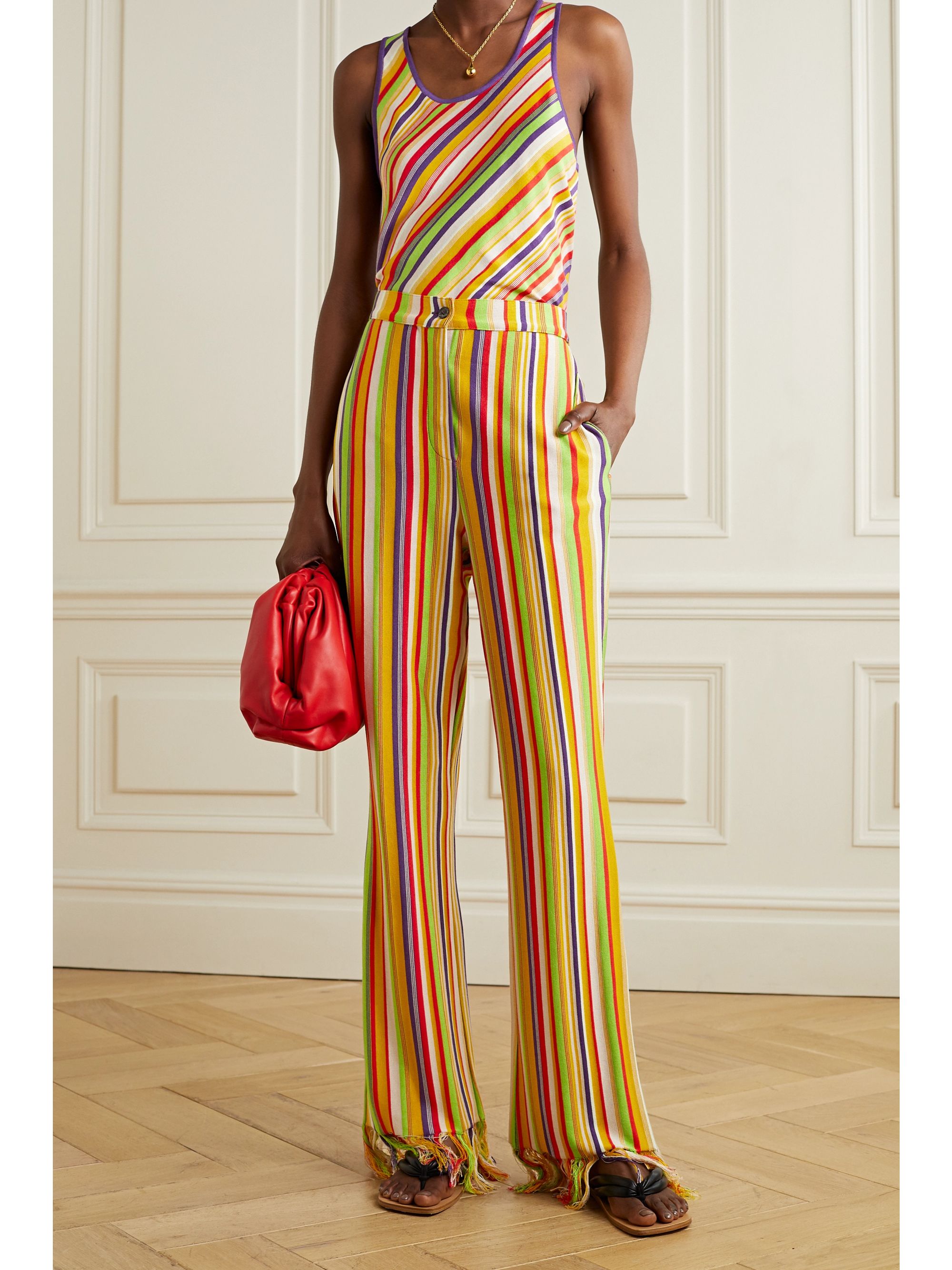 Orange Fringed striped silk and cotton-blend straight-leg pants ...