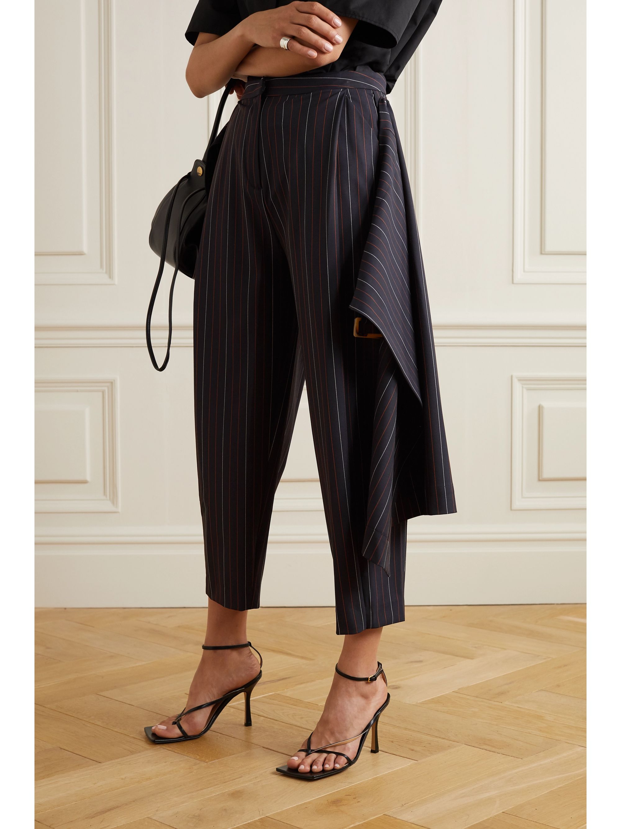 Navy Lina layered pinstriped stretch-twill tapered pants | PALMER ...